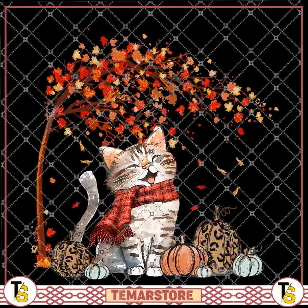 Cute Cat With Scarf Autumn Leaves Maple Tree Leopard Pumpkin for Cat ...
