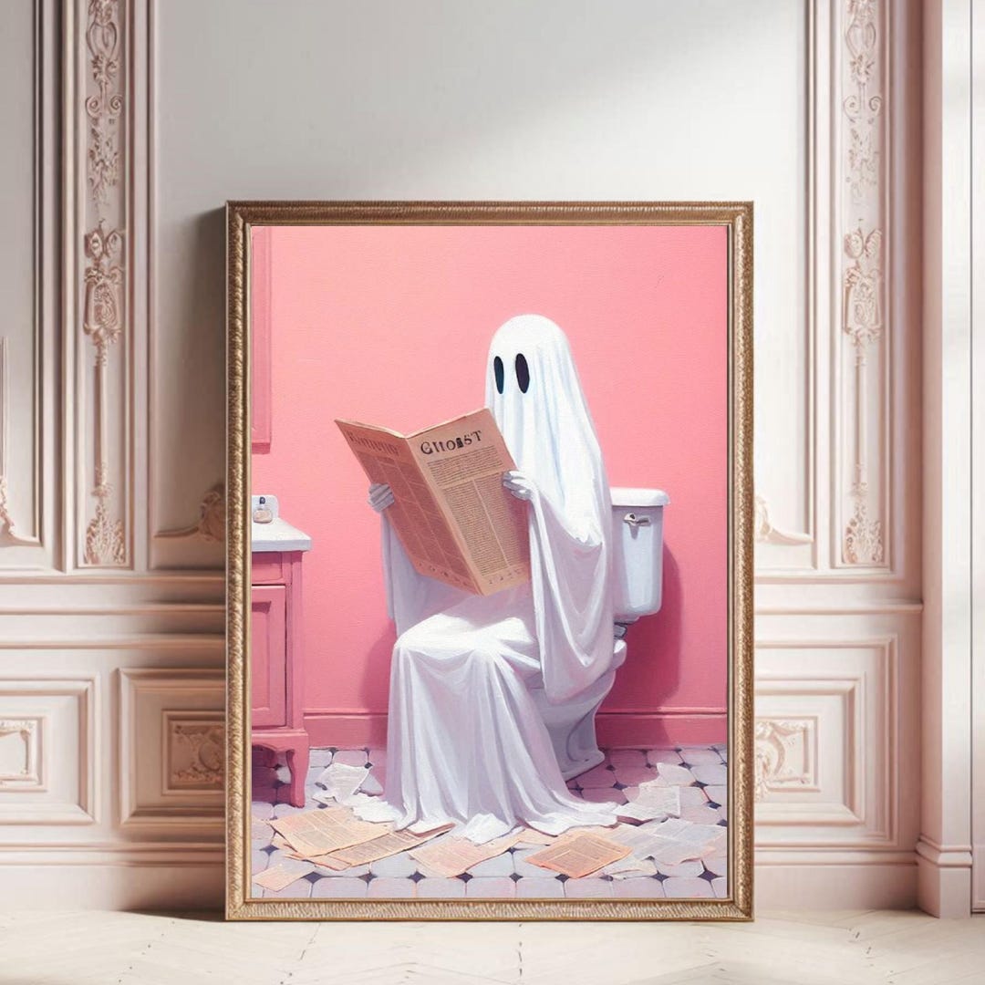 Ghost Reading Paper on Toilet | Cute Ghost Print | Halloween Wall Art ...
