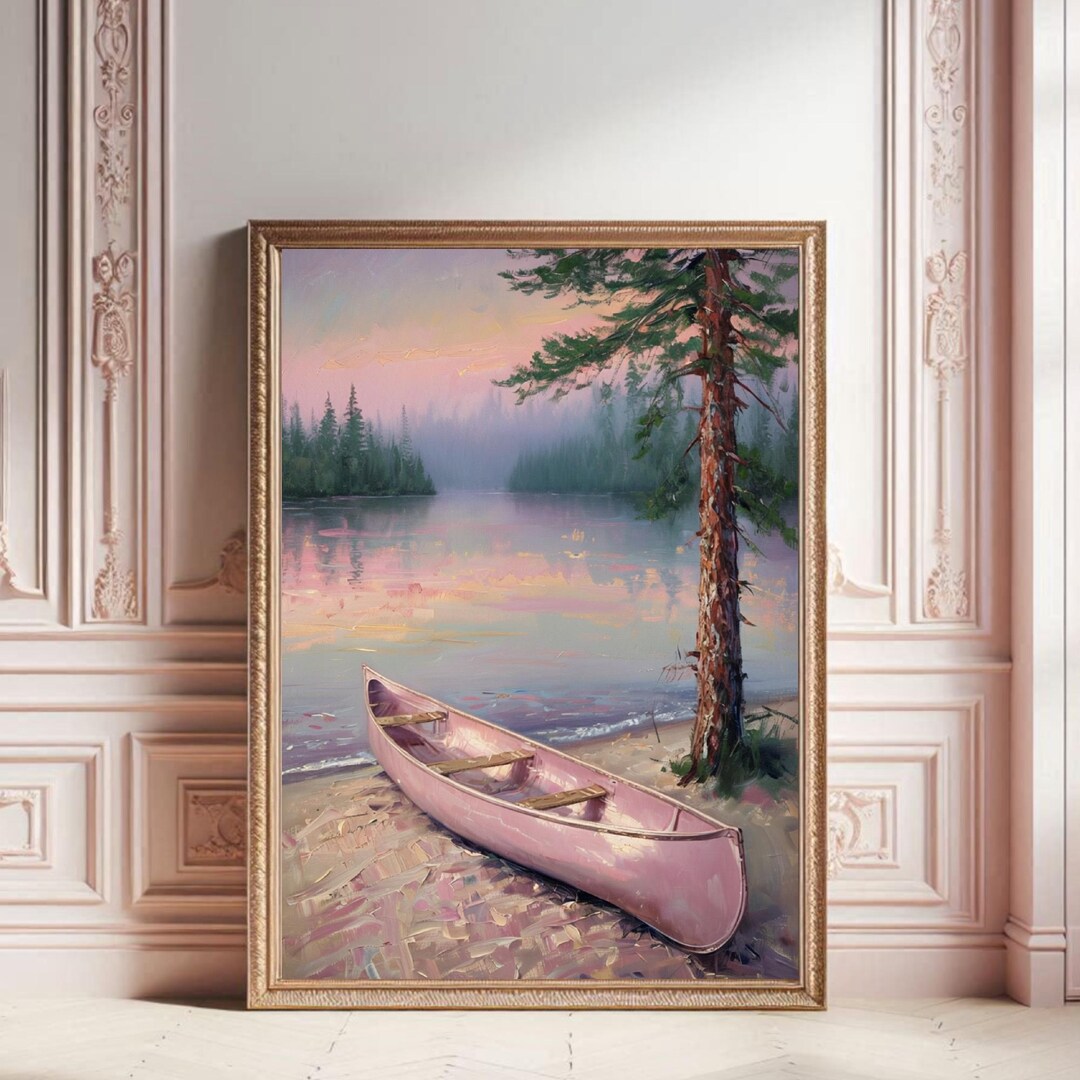 Pink Canoe | Lake Print | Summer at the Lake | Canoe | Lake Theme | AI ...