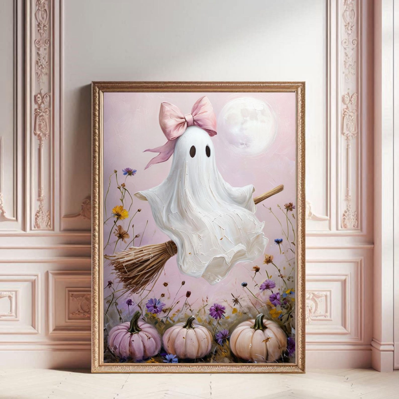 Pink Halloween Ghost Print: Broomstick Ride, Pumpkin Patch (digital ...