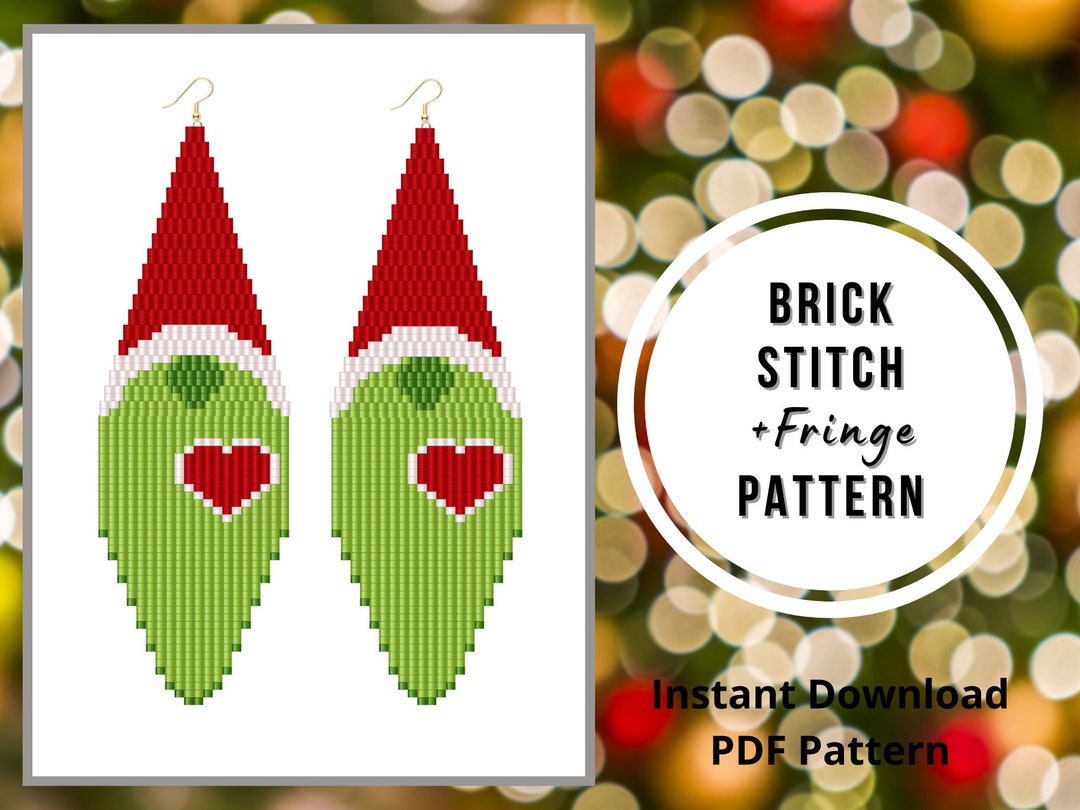 Brick Stitch Christmas Green Gnome Earrings Pattern Seed Bead Fringe ...