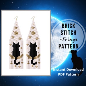 Black Cat Seed Bead Earrings Pattern Moon Cat Halloween Brick Stitch ...