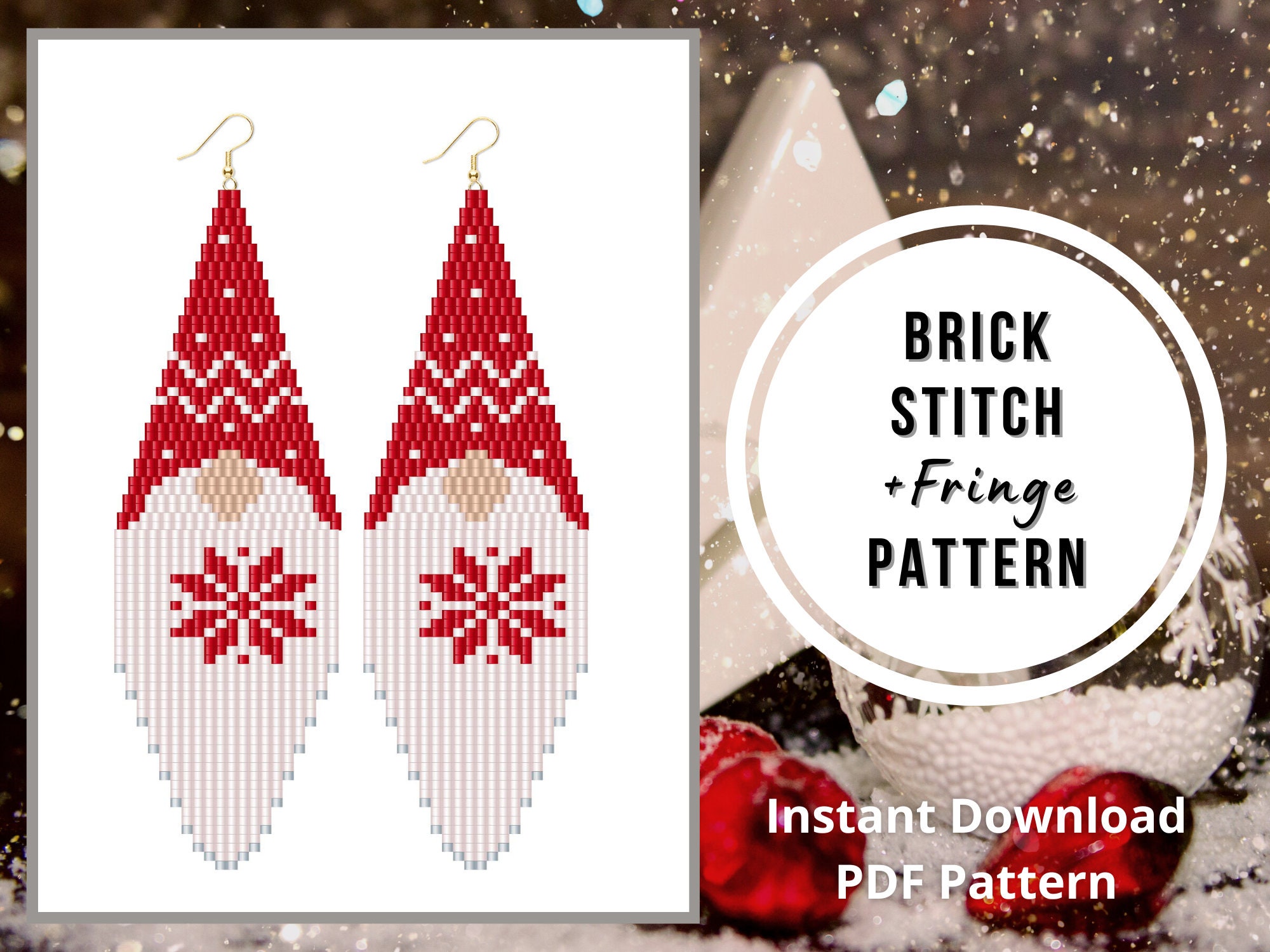 Brick Stitch Christmas Gnome Earrings Pattern Seed Bead Fringe - Etsy