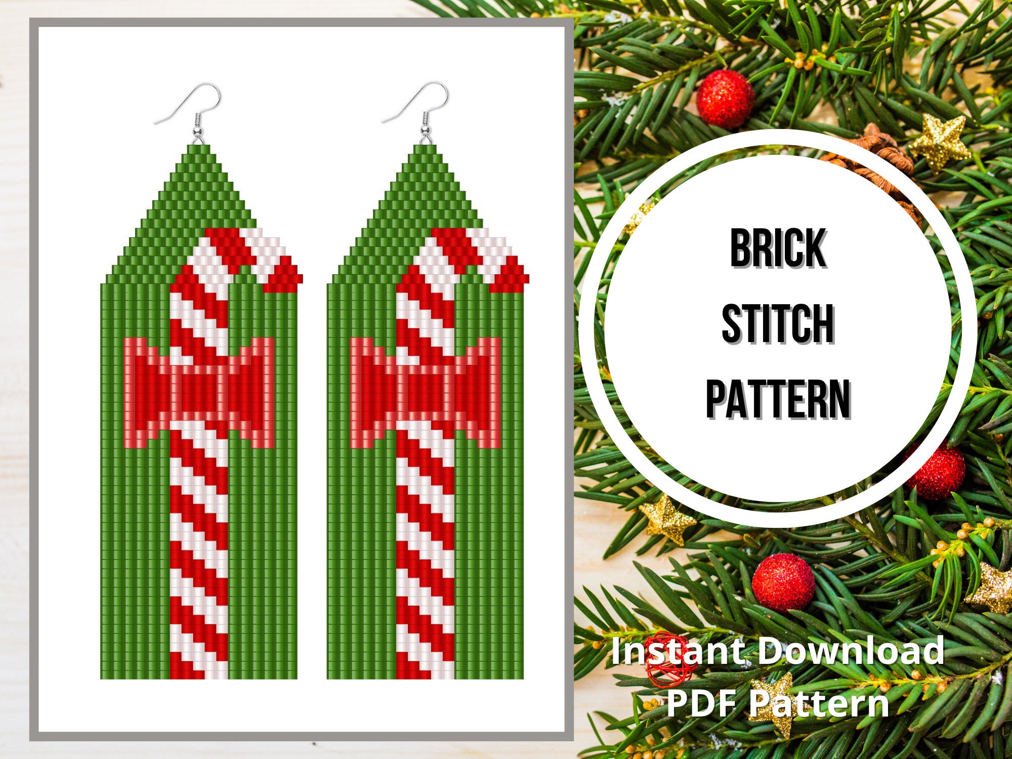 Seed Bead Christmas Candy Cane Earring Pattern Brick Stitch Etsy