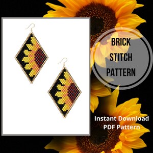 Sunflower Brick Stitch Earrings Pattern Floral Seed Bead Earring Pattern Miyuki Delica PDF ...