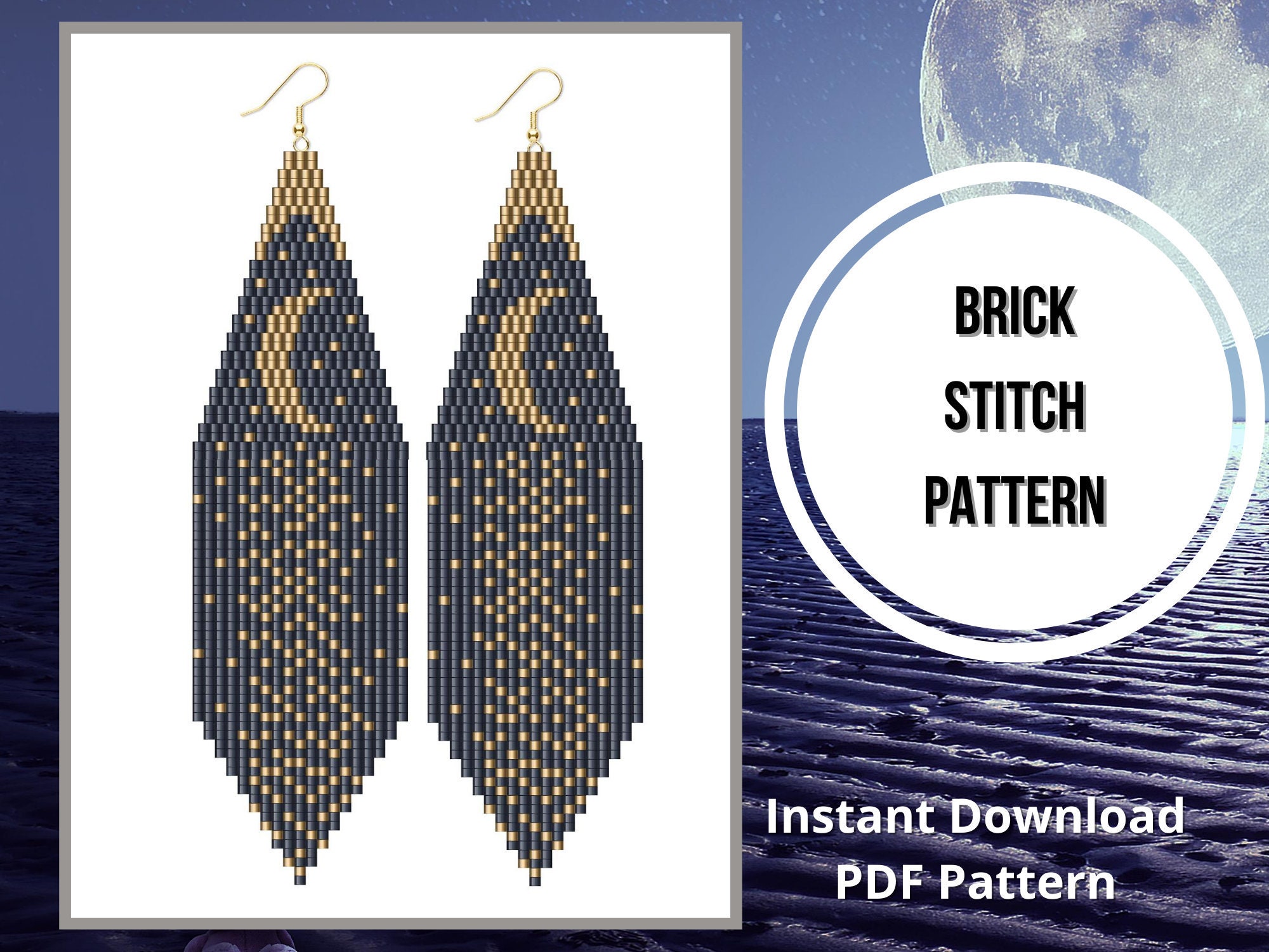 Brick stitch moon phase dangle earring patterns Beaded fringe moon ...
