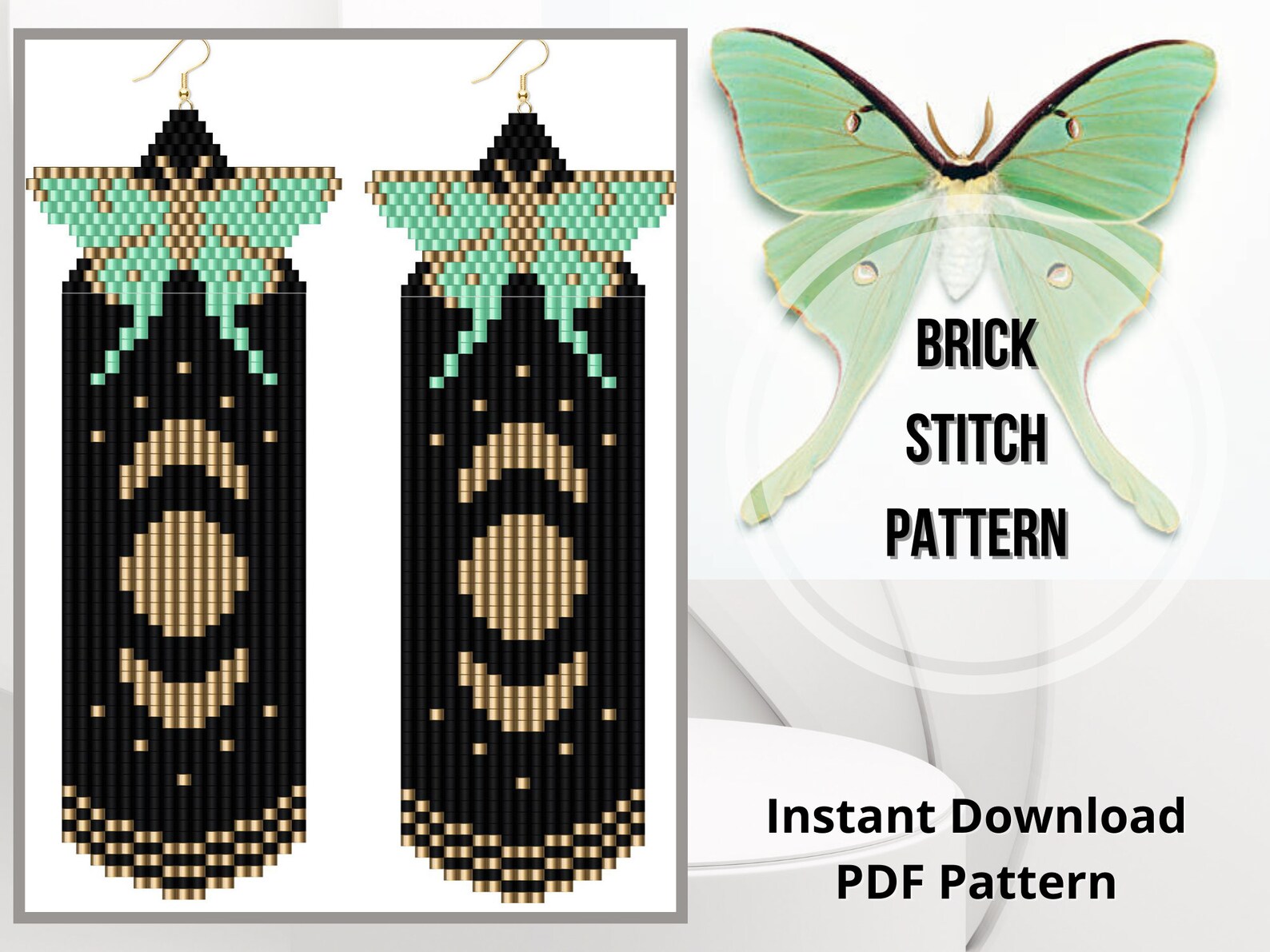 Luna Moth Earrings Pattern Brick Stitch Moon Butterfly Beaded Fringe ...