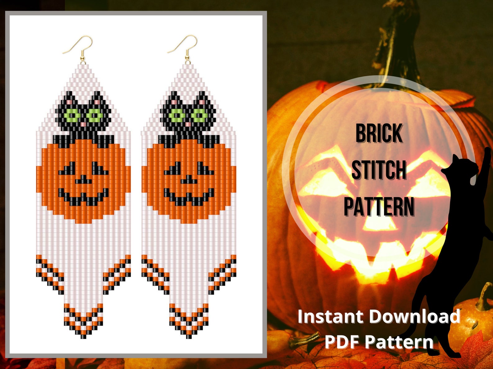 Halloween Beaded Earrings Pattern Black Cat Earring Pattern Pumpkin ...