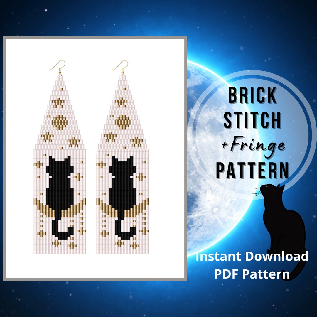 Black Cat Seed Bead Earrings Pattern Moon Cat Halloween Brick Stitch ...