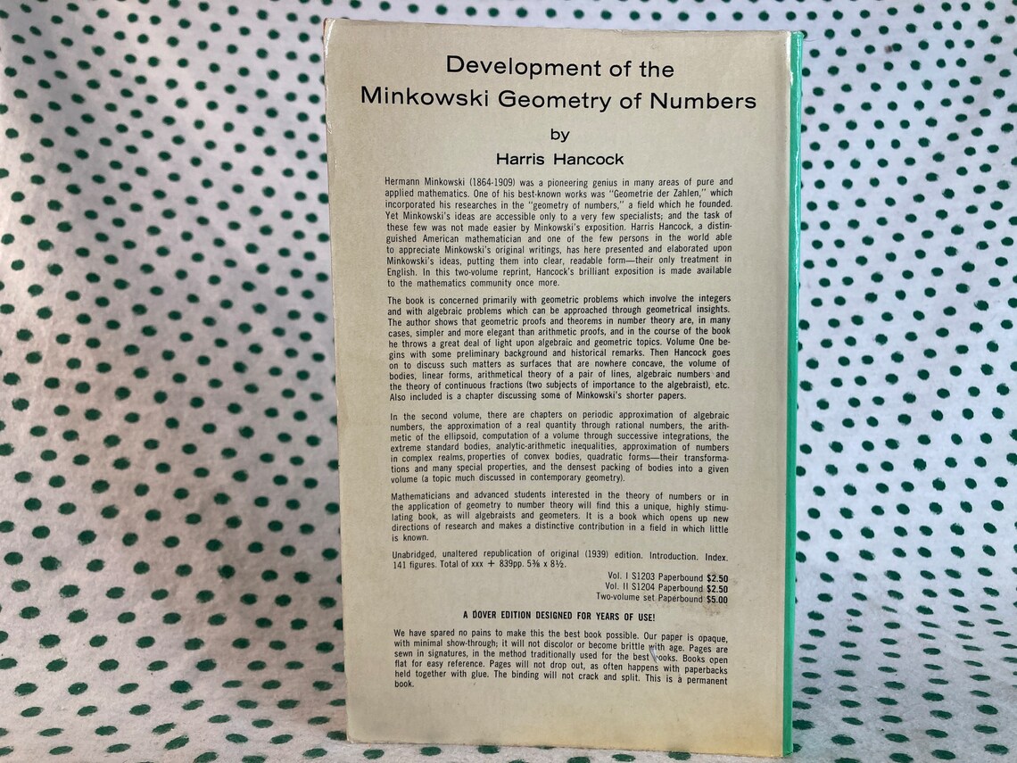 Development of the Minkowski Geometry of Numbers Vol 2 by Harris ...