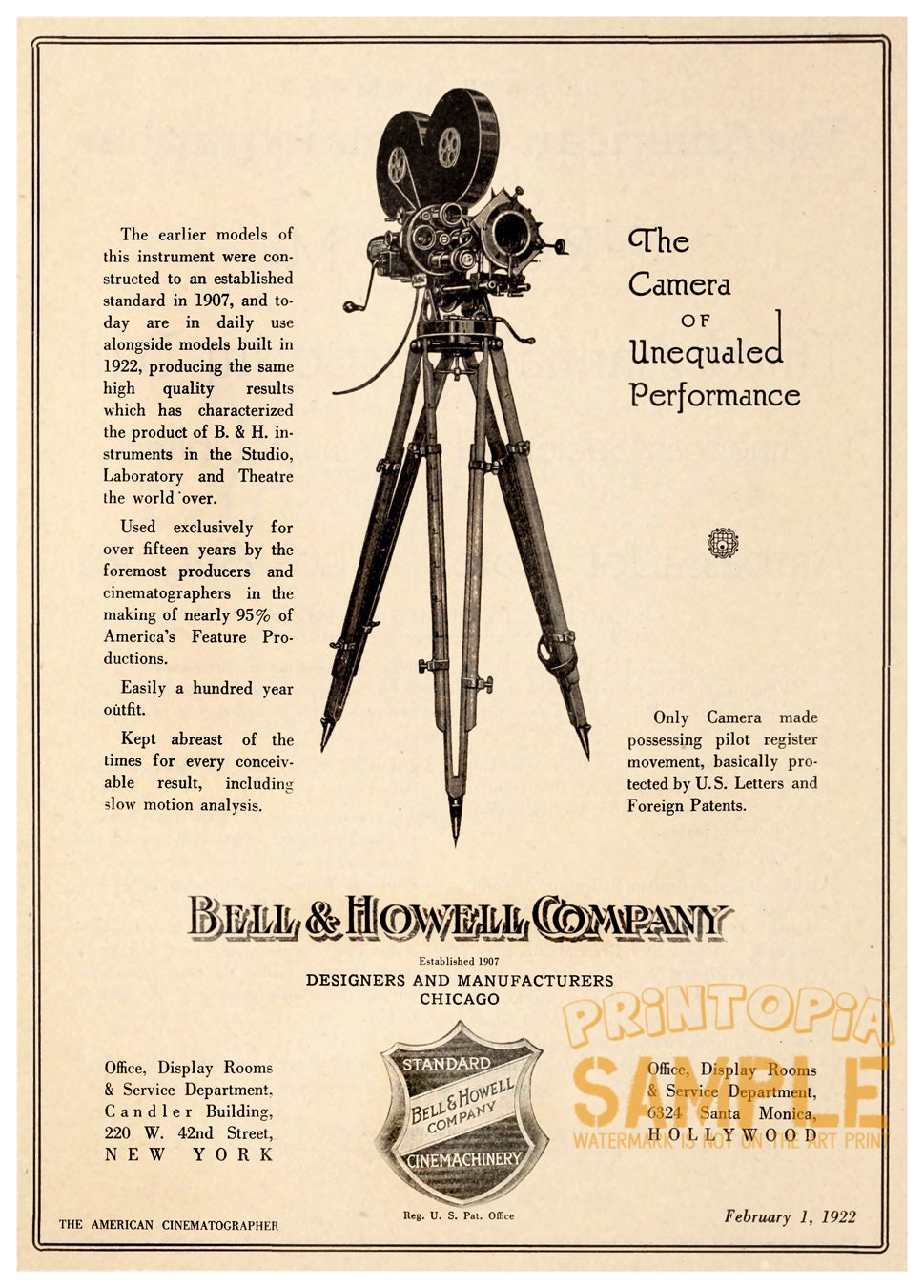 Bell & Howell (1922) Performance Motion Picture Camera Ad * Quality Art ...