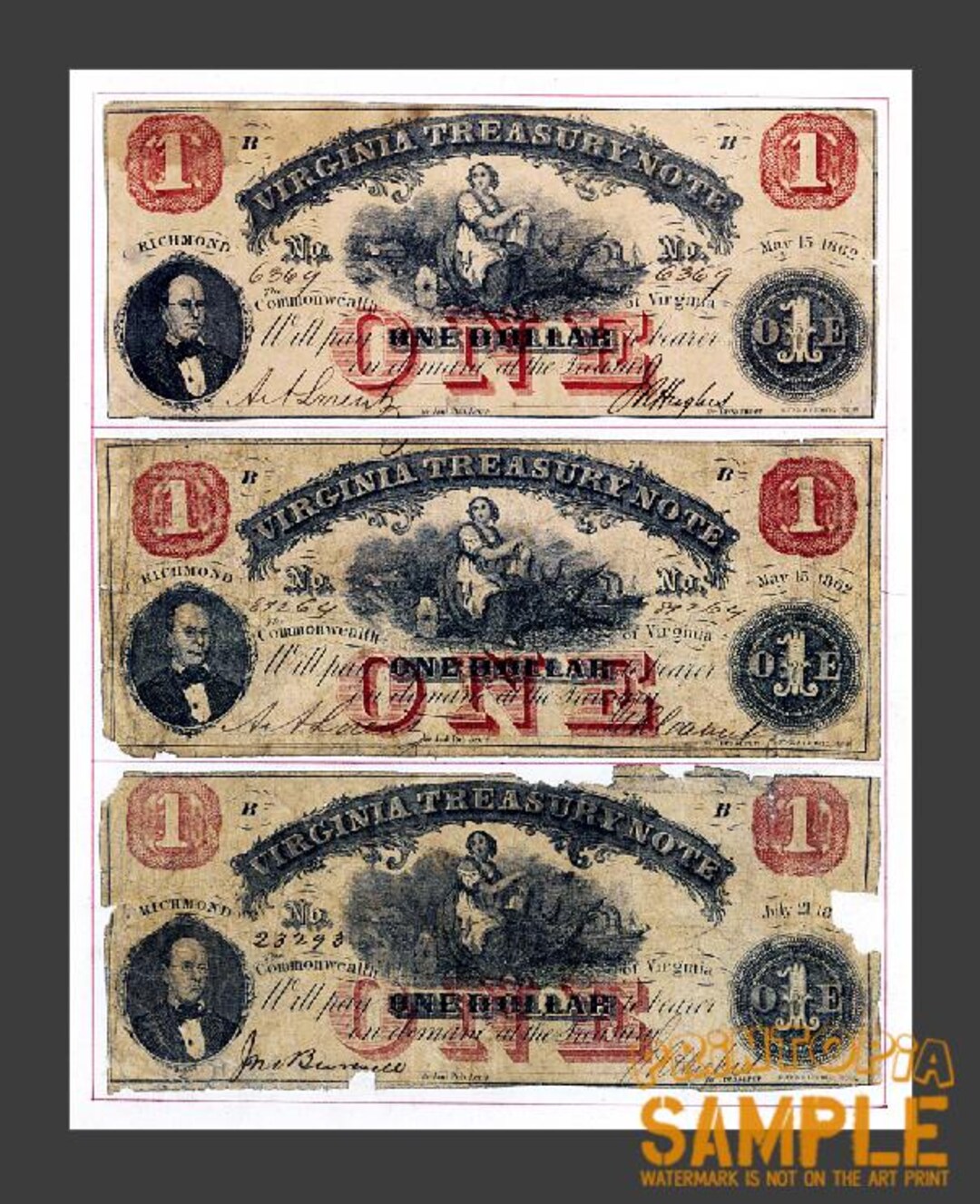 Richmond Virginia Treasury Note (1862) 3x 1 Dollar * FRAME ME !! Early ...