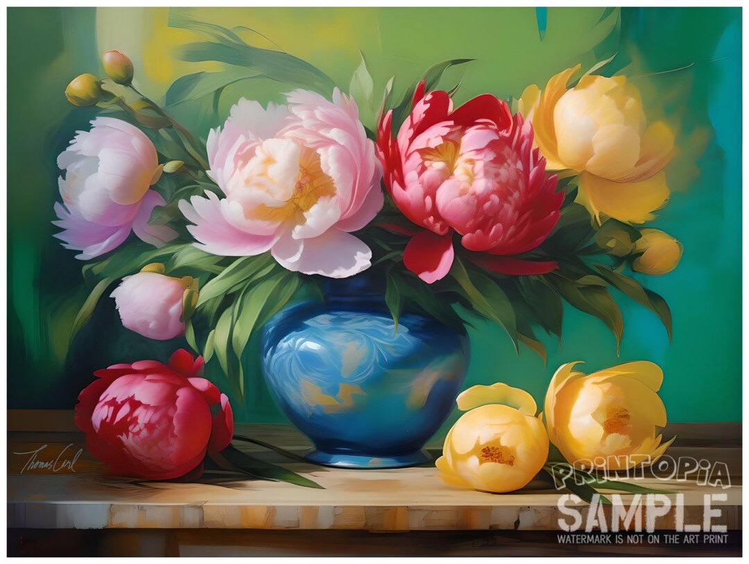 Peonies in French Blue Vase 2023 Thomas Carl * Art Print * Fresh Cut ...