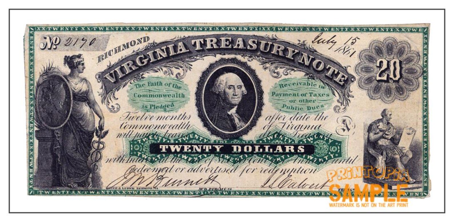 Richmond Virginia Treasury Note (1861) 20 Dollar Note to Pay * FRAME ME ...