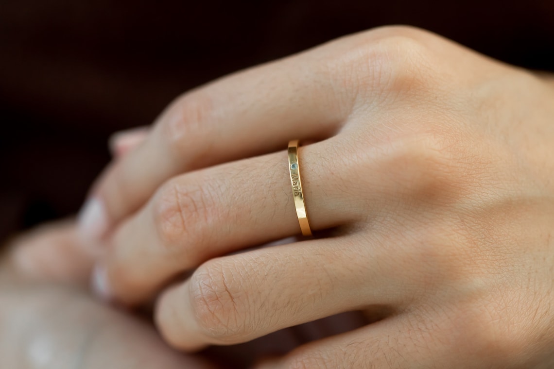 14K Stackable Birthstone Ring With Engraving Name Engraved | Etsy