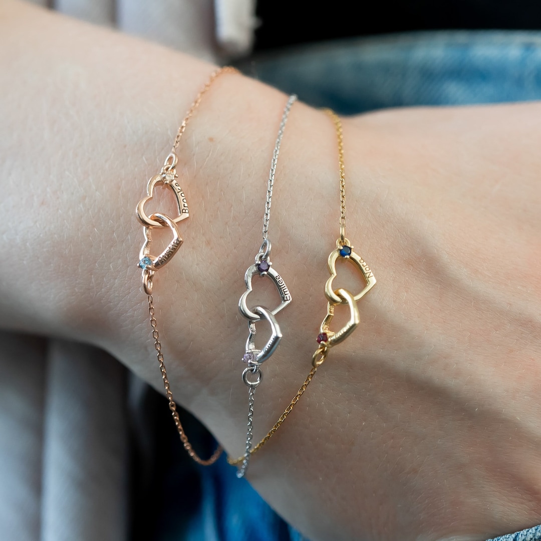 Interlocking Heart Bracelet • Sterling Silver Bracelet With Birthstone ...