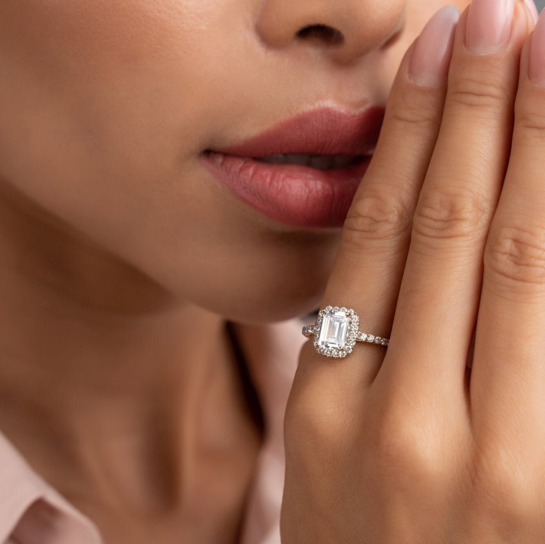 Diamond Radiant-cut Ring • Engagement Ring • Halo Engagement Ring ...