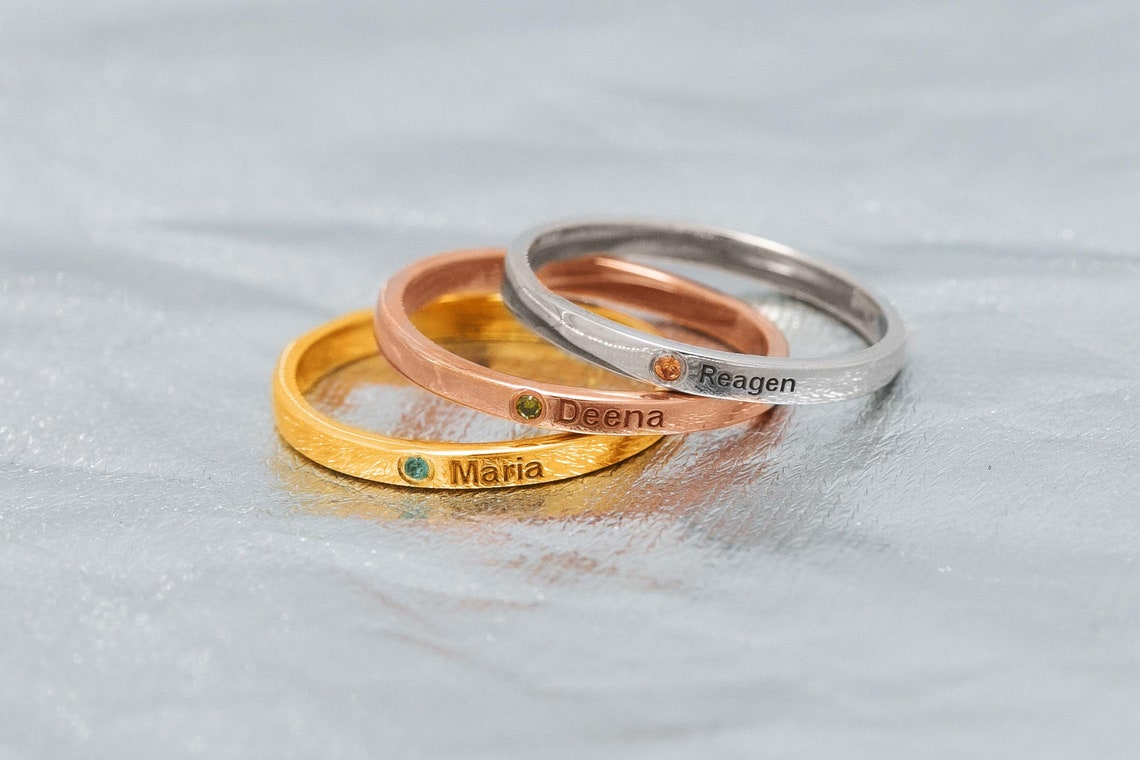 14K Stackable Birthstone Ring With Engraving Name Engraved | Etsy