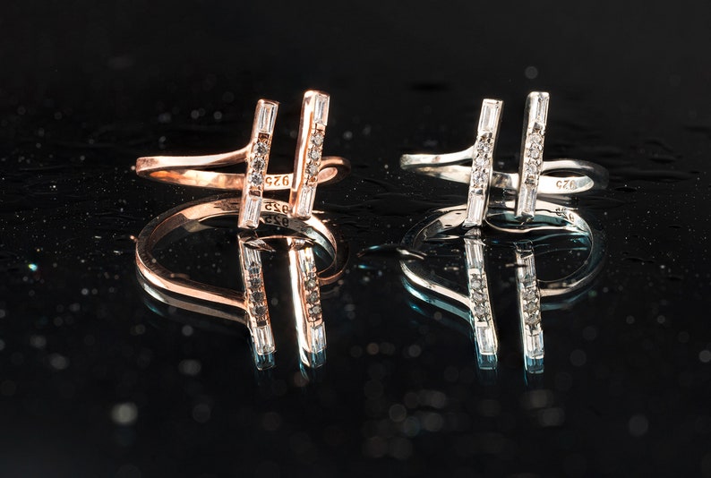 Resizable Open Baguette Cut Diamond Ring With Tiny Diamond Accents ...