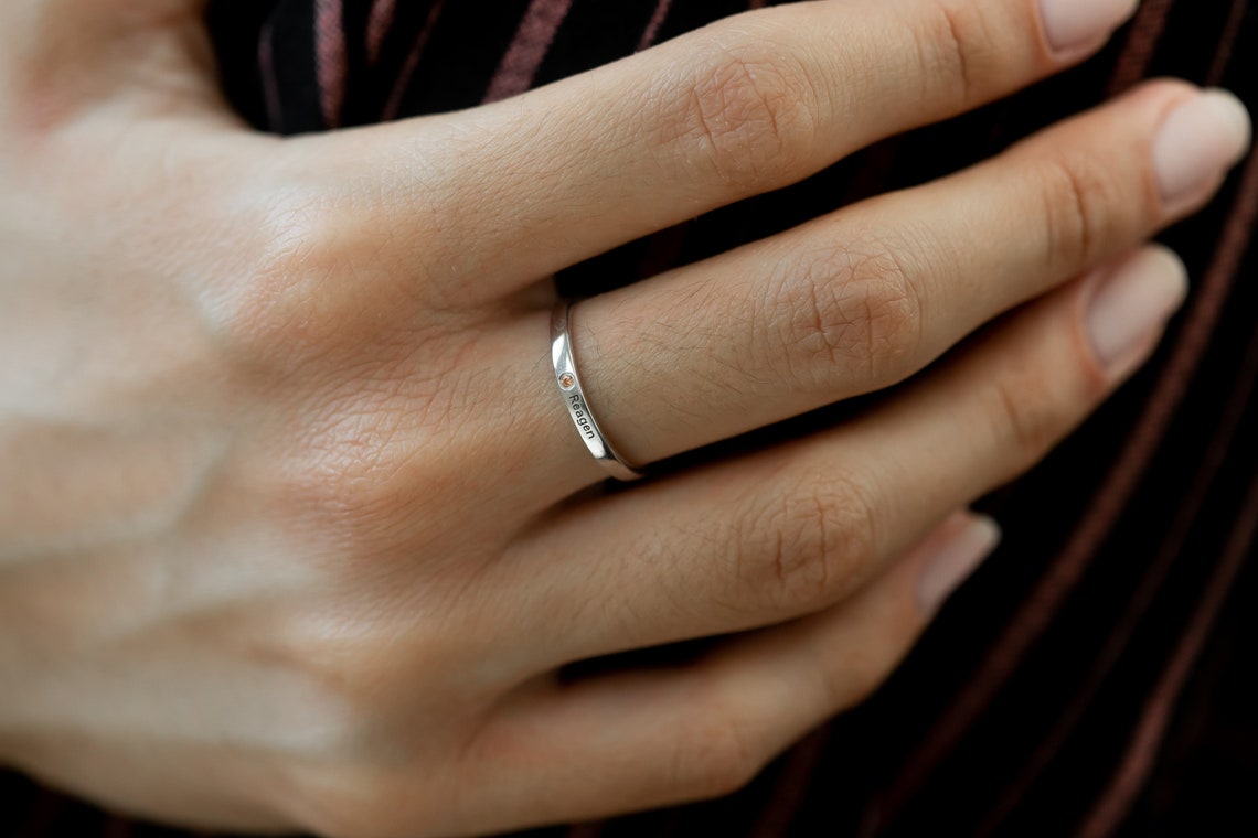 14K Stackable Birthstone Ring With Engraving Name Engraved | Etsy