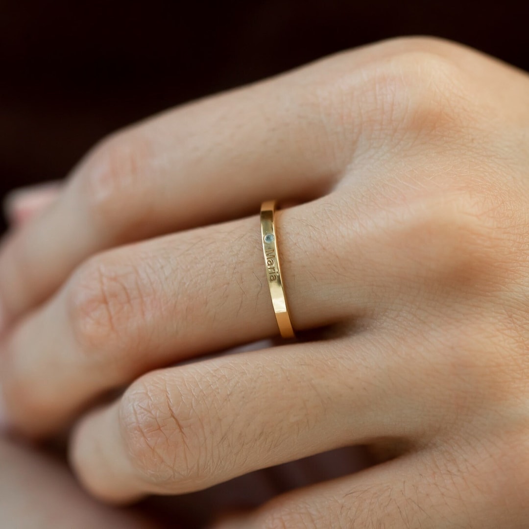 14K Stackable Birthstone Ring With Engraving • Name Engraved Dainty ...