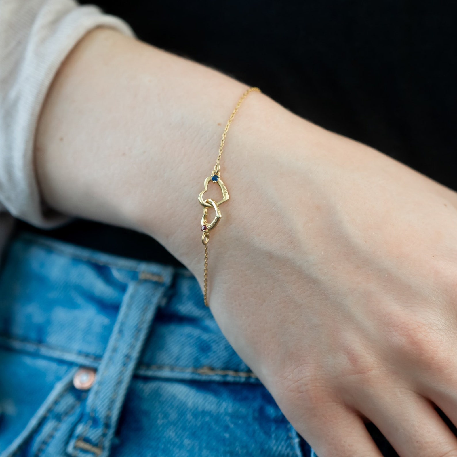 14K Interlocking Heart Bracelet Bracelet With Birthstone and - Etsy