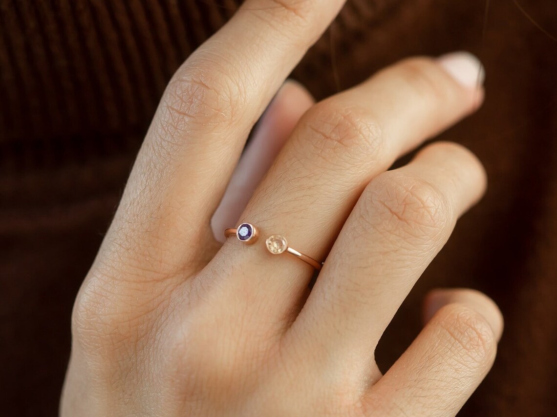 14K Two Birthstone Ring Double Stone Ring Personalized - Etsy