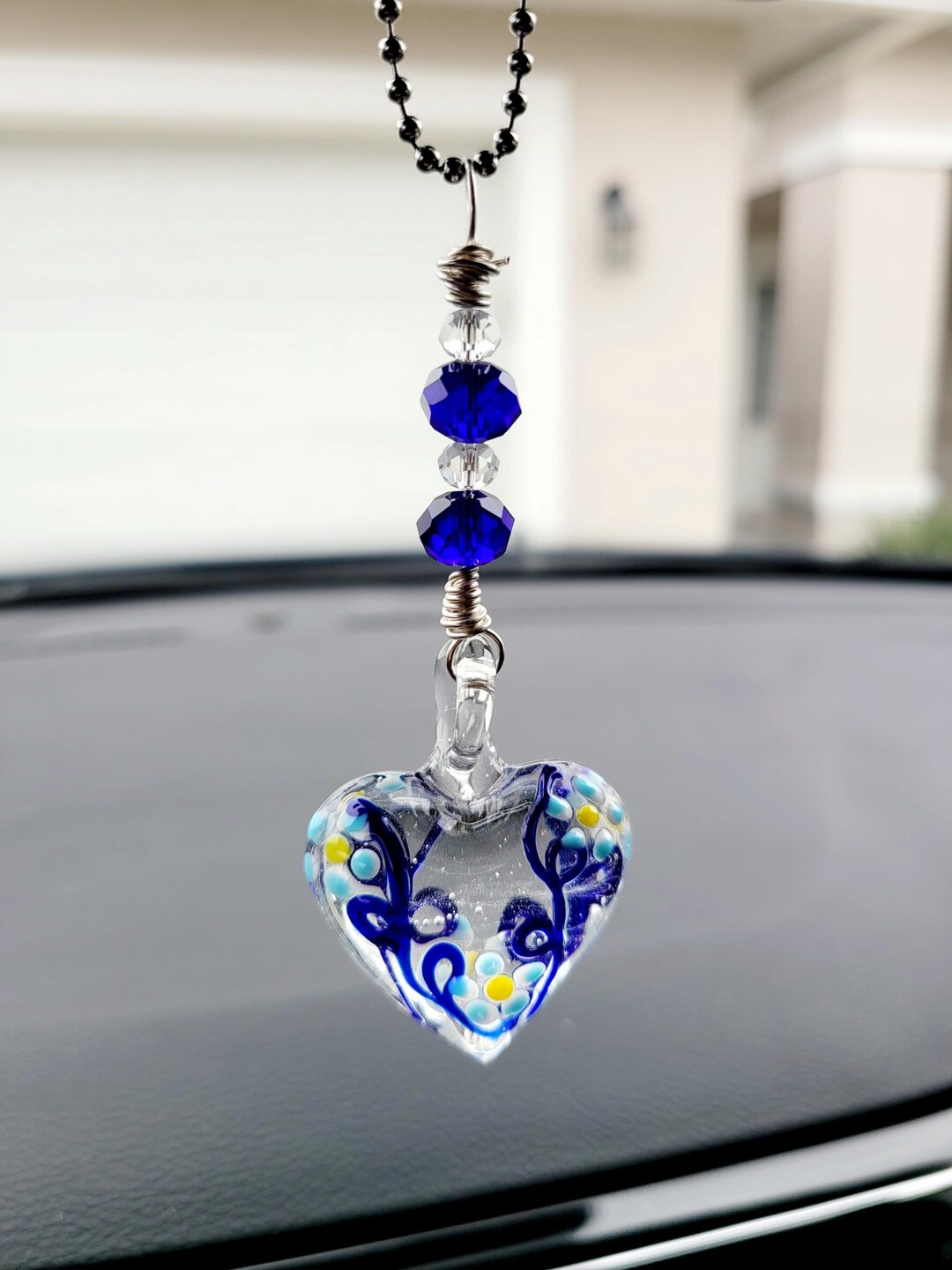 Heart Car Charm: Handmade Glass Rearview Mirror Ornament - Etsy