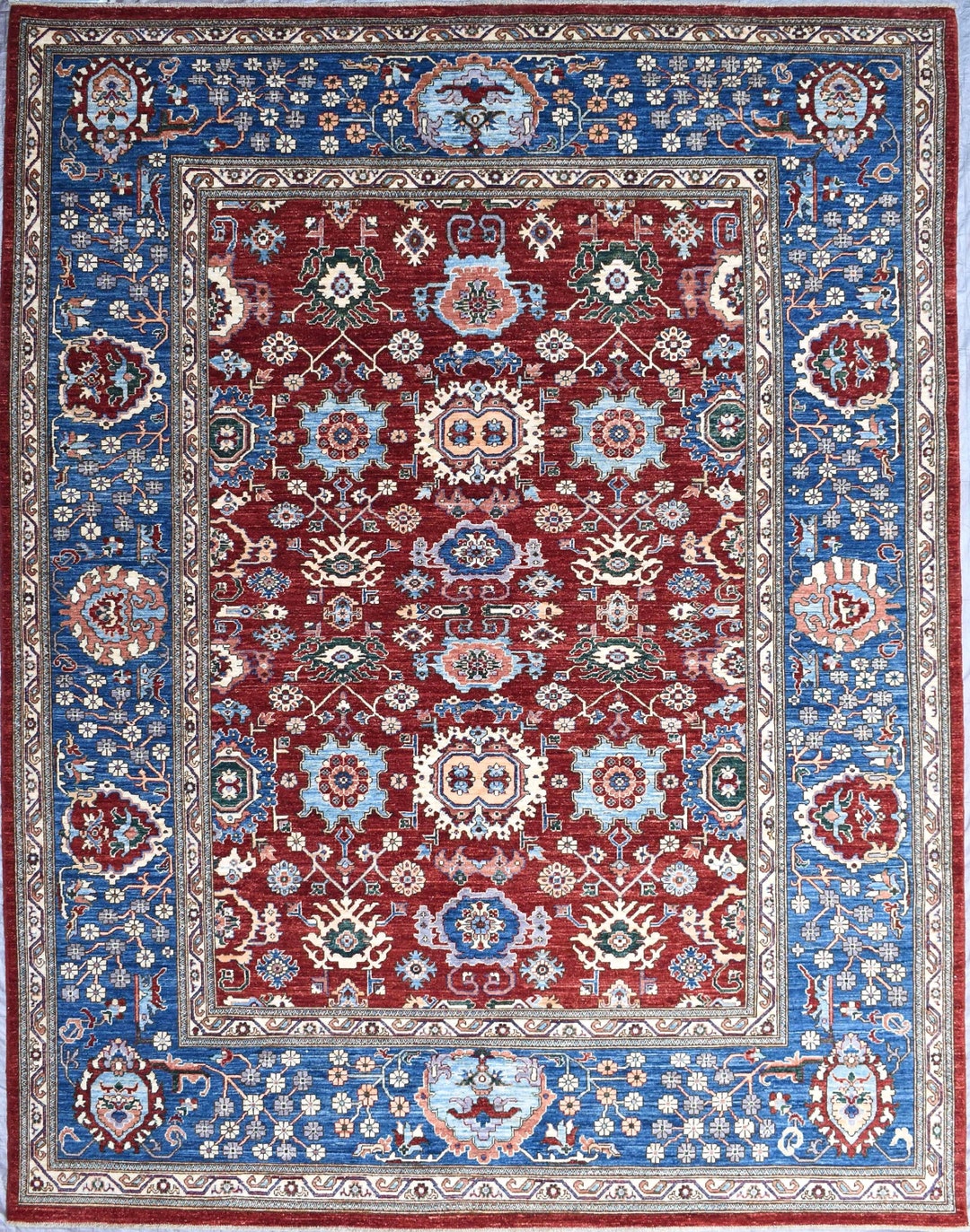 9x12 Ft Red Serapi Rug, Blue Border Oriental Veg Dye Rug, 150 KPSI ...