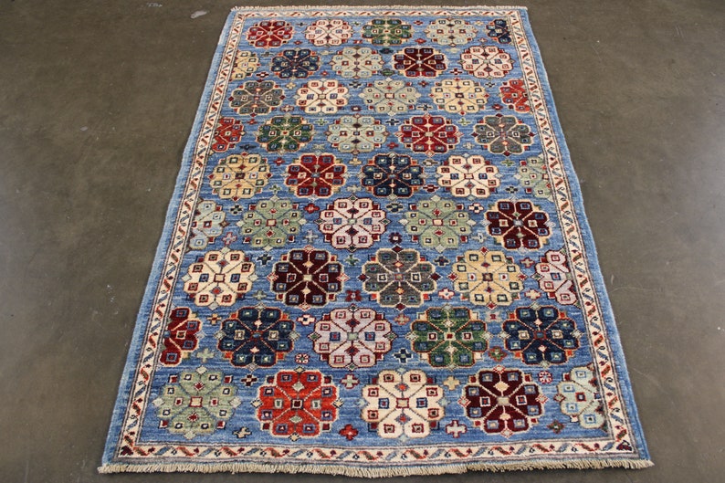 3x5 Blue Flower Garden Area Rug, Hand Knotted Afghan Rug, Ariana Wool ...