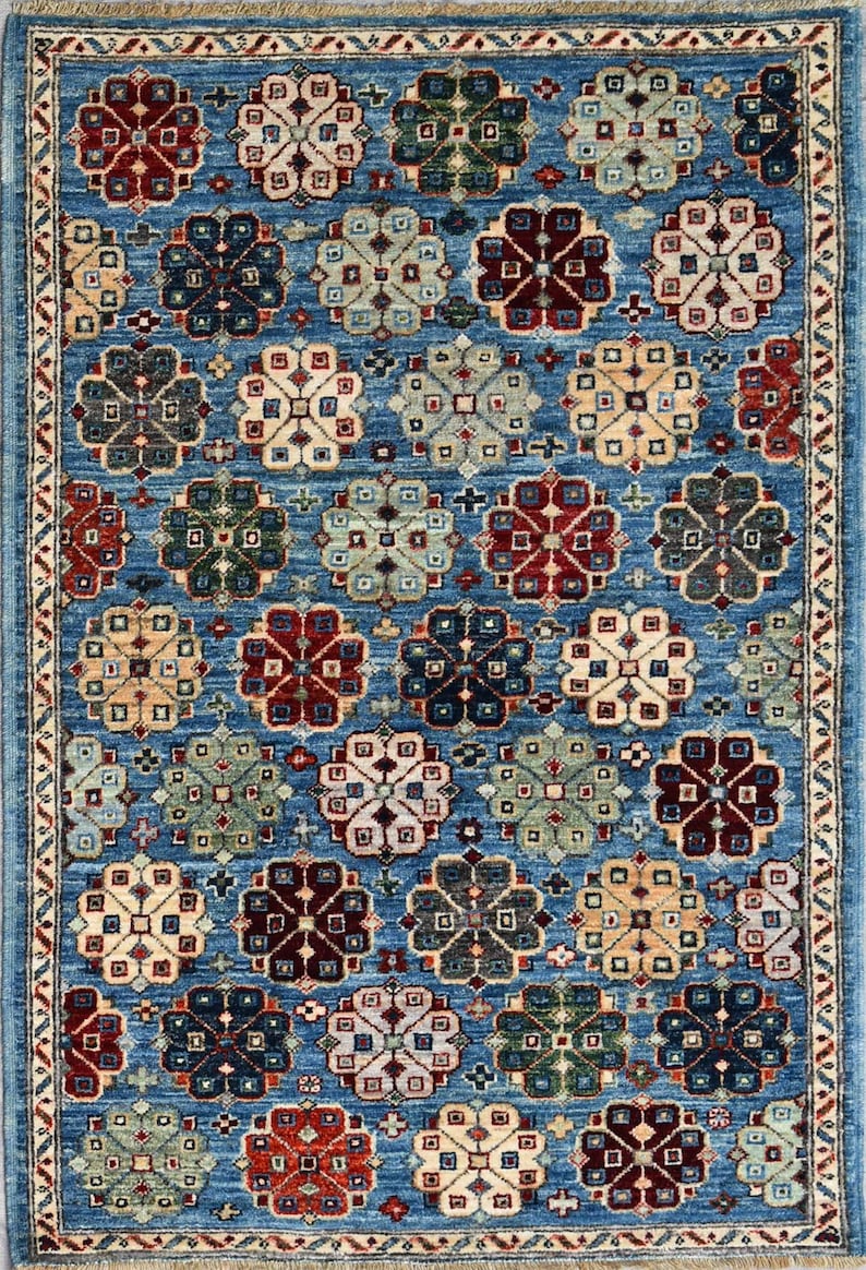 3x5 Blue Flower Garden Area Rug, Hand Knotted Afghan Rug, Ariana Wool ...