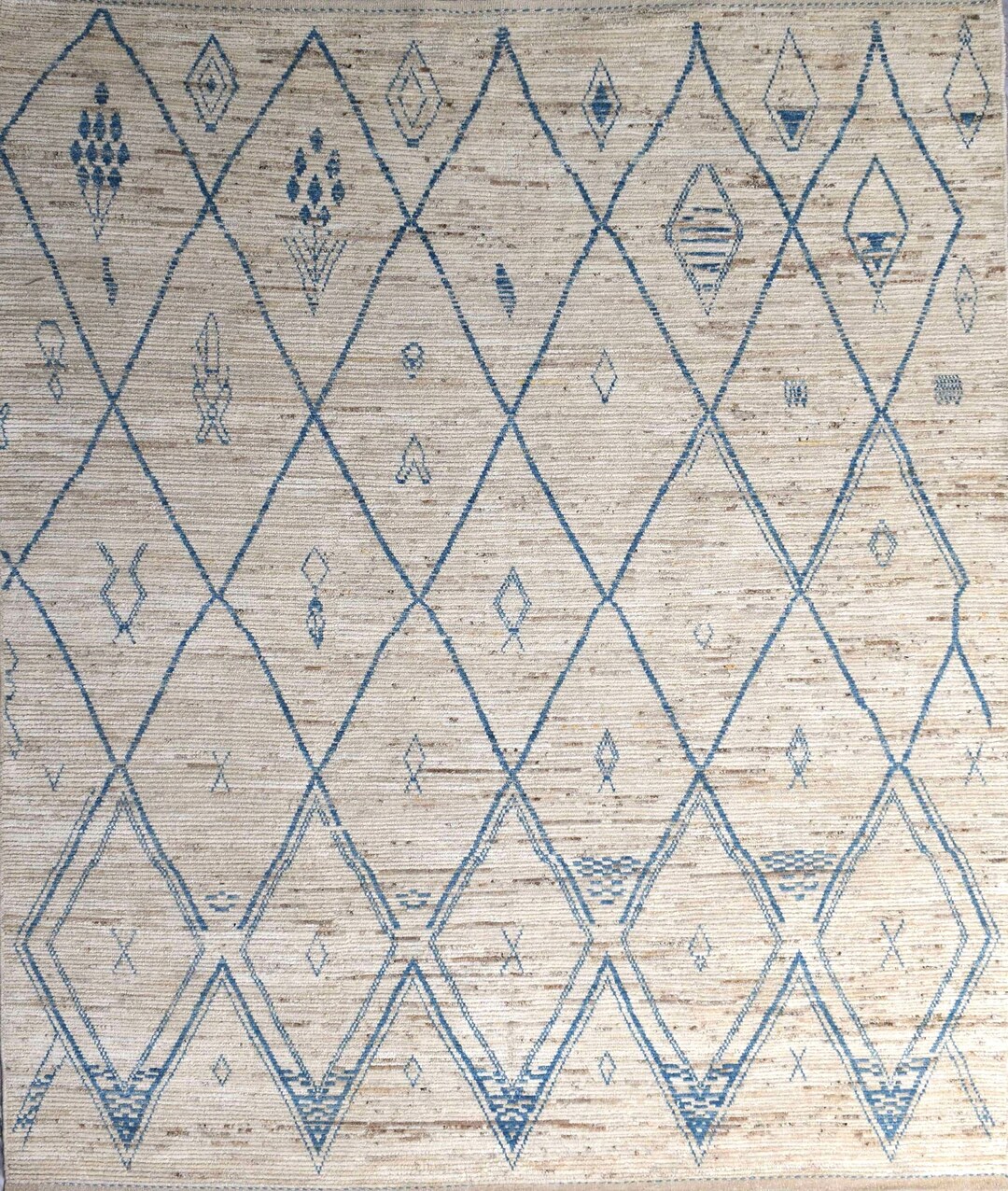 8x10 Ft Modern Beige Berber Rug, Blue Patterns on Beige, Moroccan ...