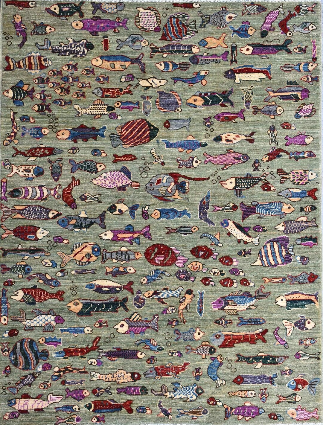 5x7 Ft Green Fish Area Rug, Animal Print Rug, Ariana Rug, Hand Knotted ...