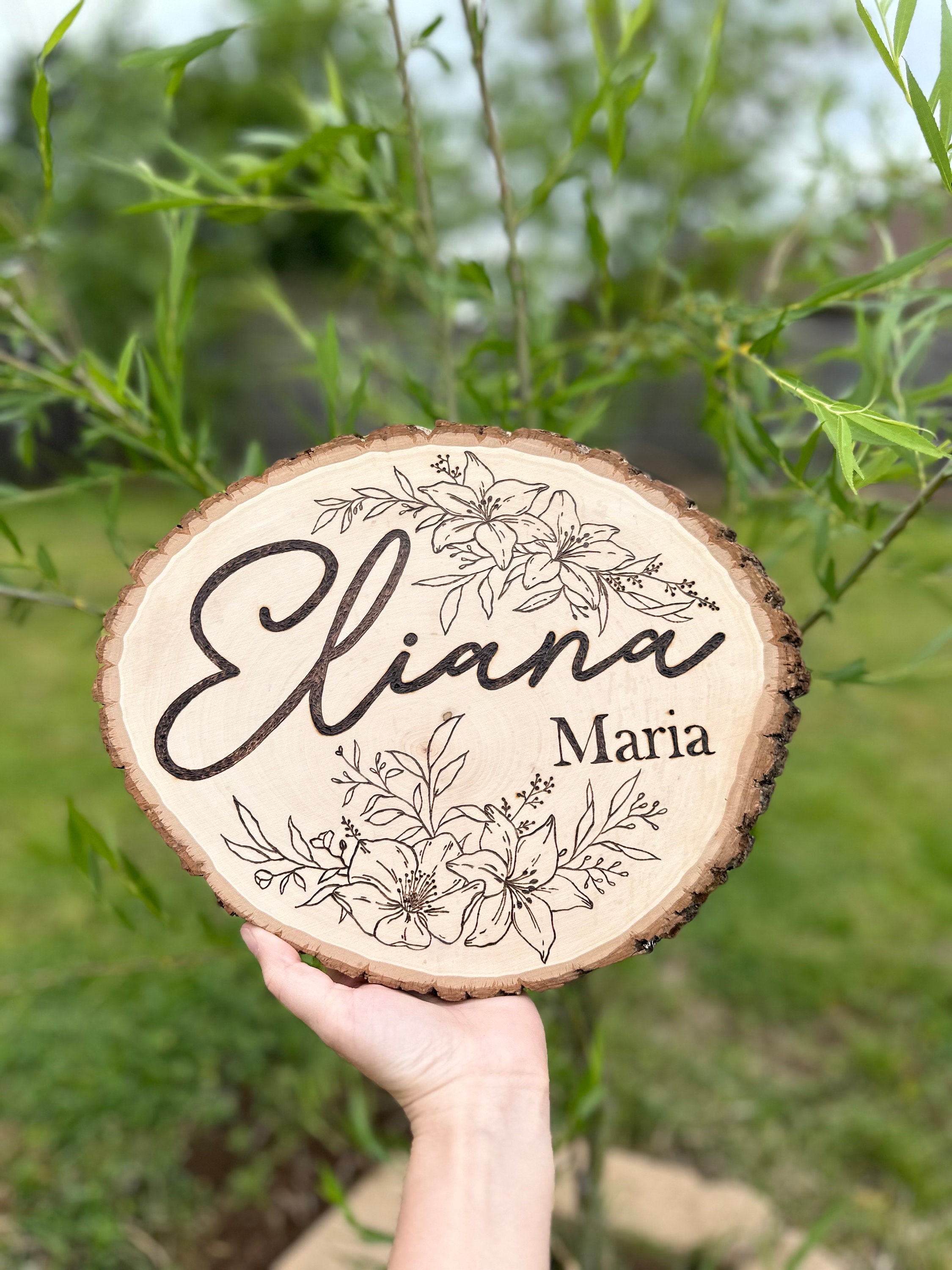 Floral Name Sign, Custom Wood-burned - Etsy
