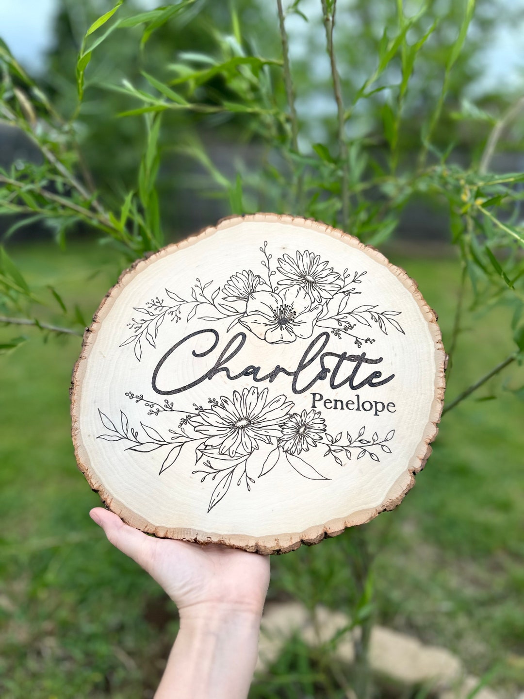 Floral Name Sign, Custom Wood-burned - Etsy