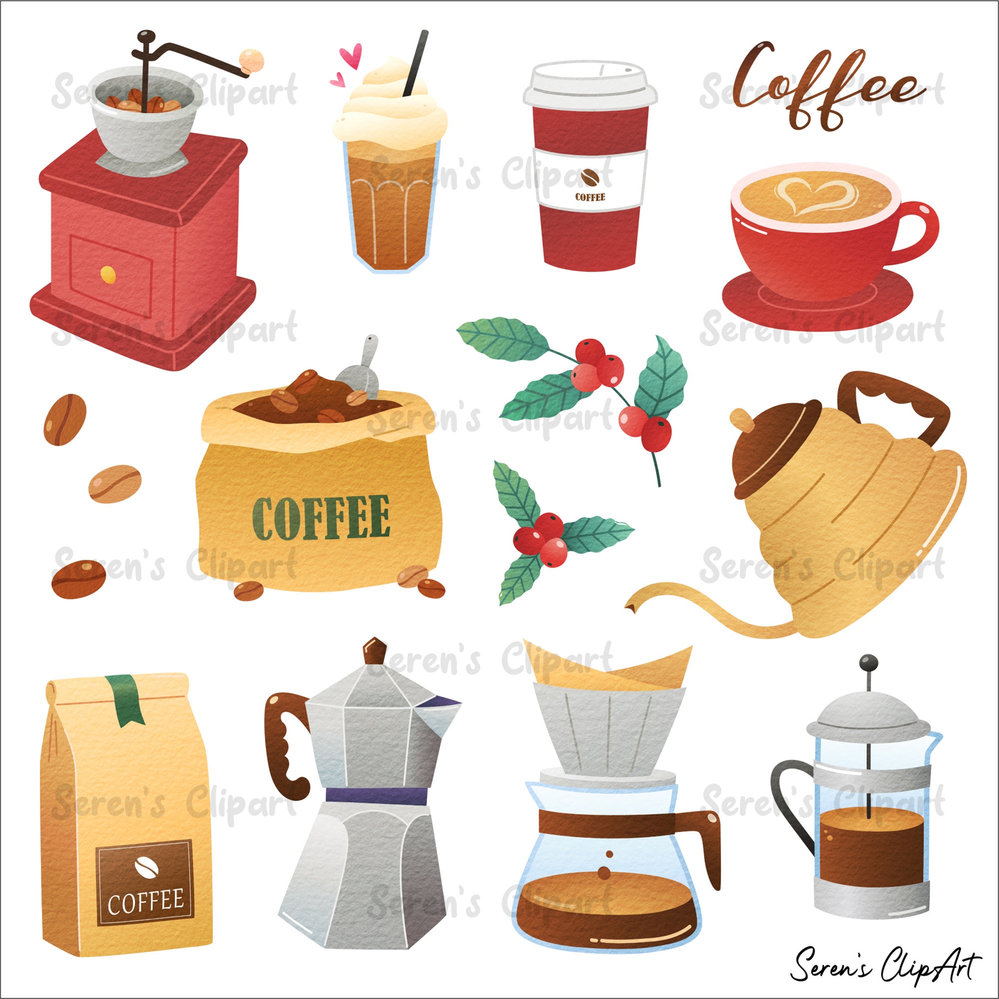 Coffee Clipart Set Instant Download Digital Files, PNG Coffee Design ...