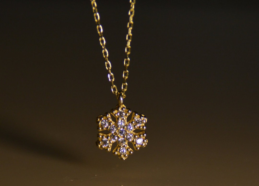 Gold Snowflake Necklace, 14k Solid Gold Snowflake Charm Necklace ...