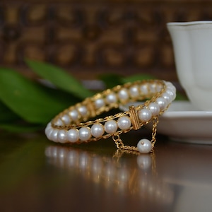 22k Solid Gold Pearl Bangle for Women, Gold Pearl Bracelet, Gold ...