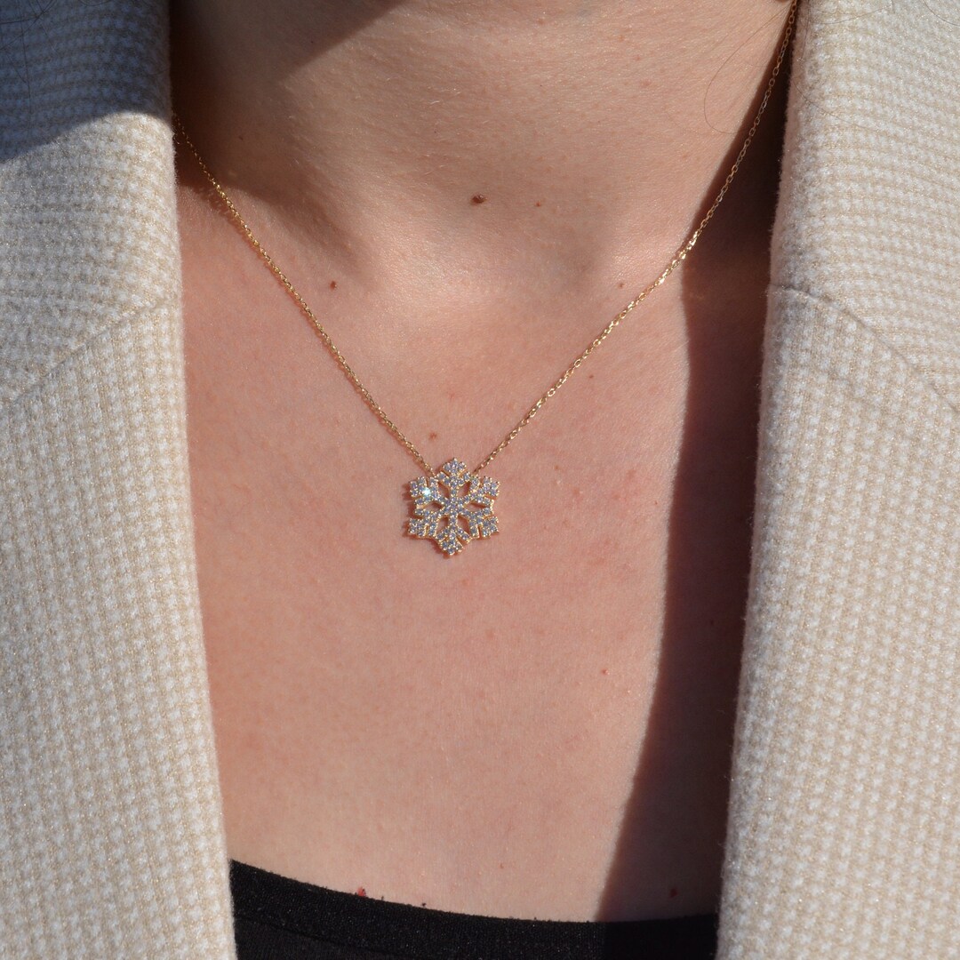 Snowflake Necklace 14k Gold, Snowflake Dainty Pendant Necklace With CZ ...