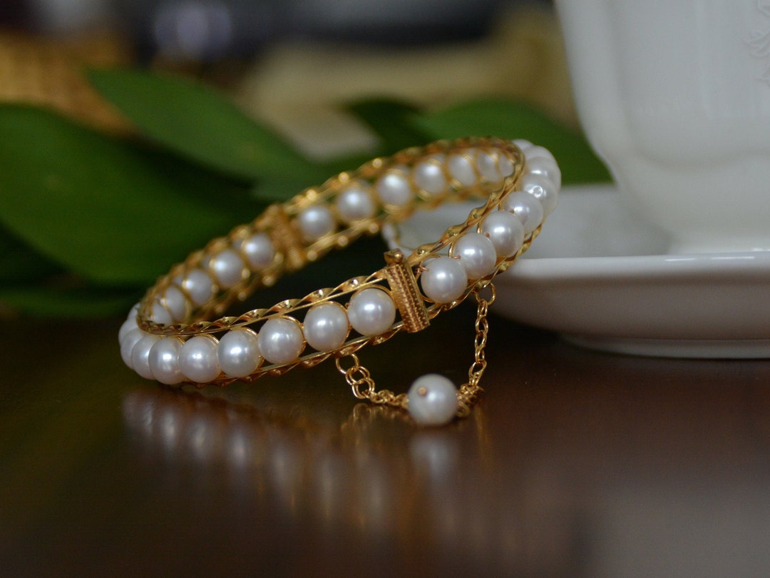 22k Solid Gold Pearl Bangle for Women, Gold Pearl Bracelet, Gold ...