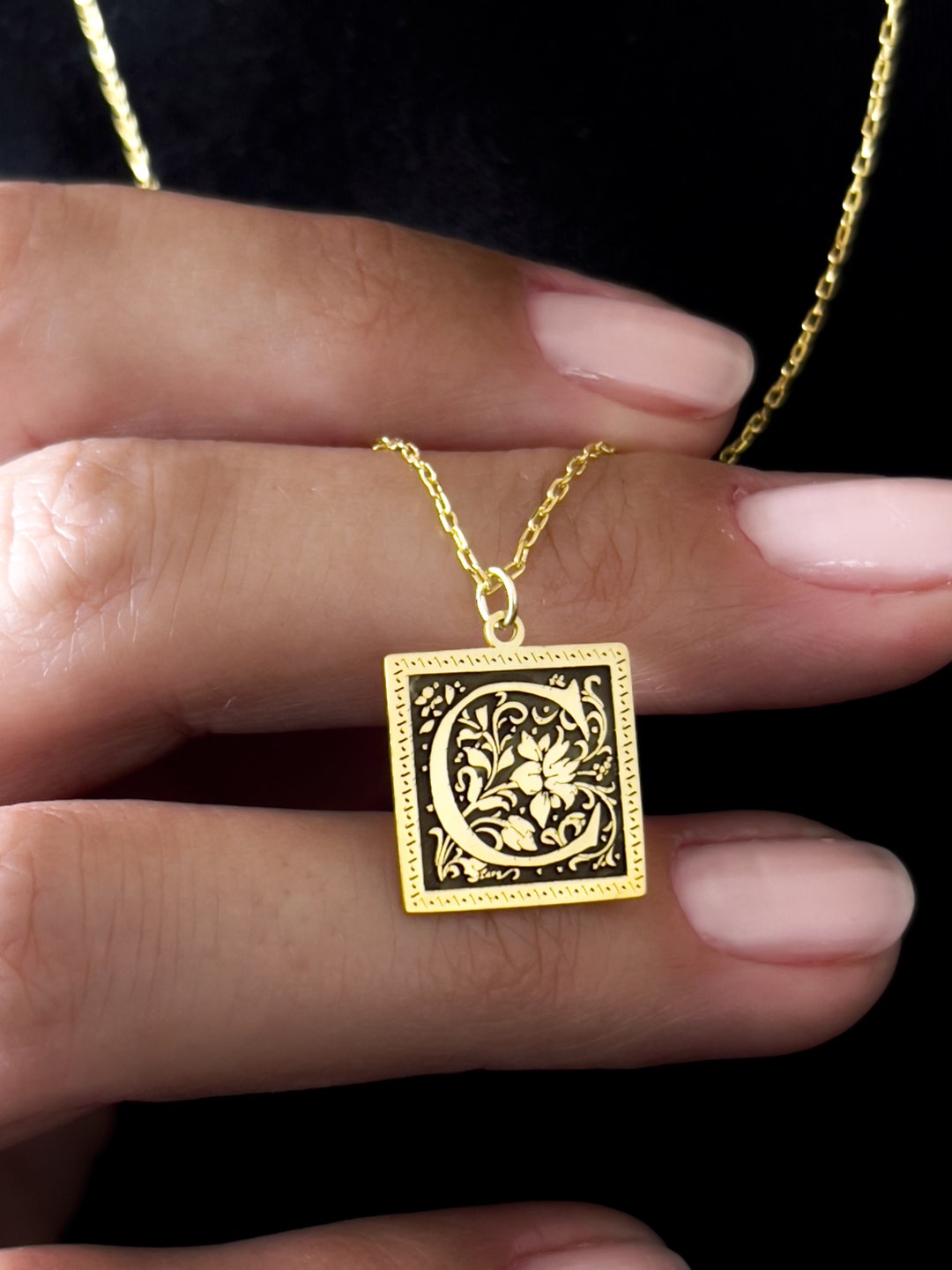 14k Solid Gold Square Initial Necklace, Initial Plate Name Pendant ...