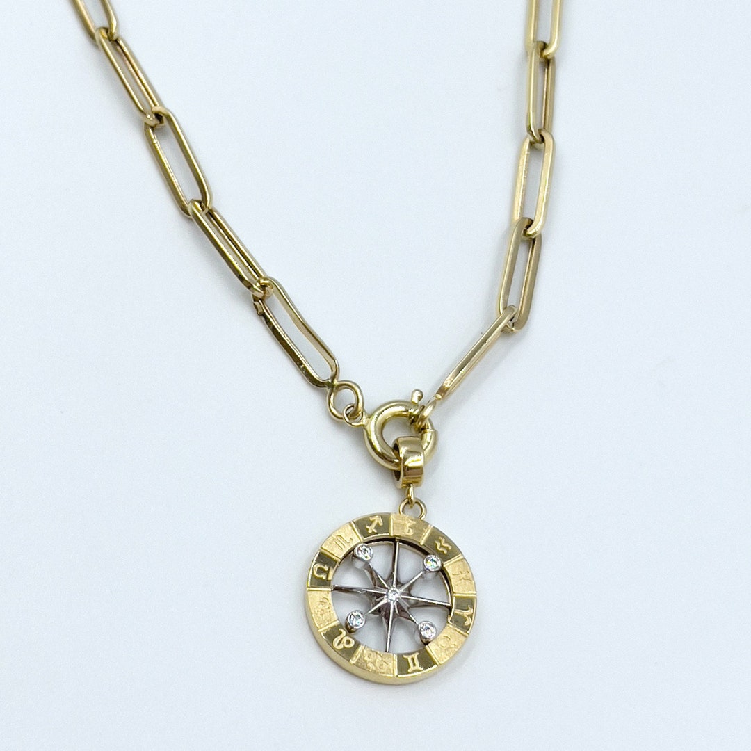 14K Solid Gold Compass Pendant, 14 Paperclip Chain Pendant Necklace ...