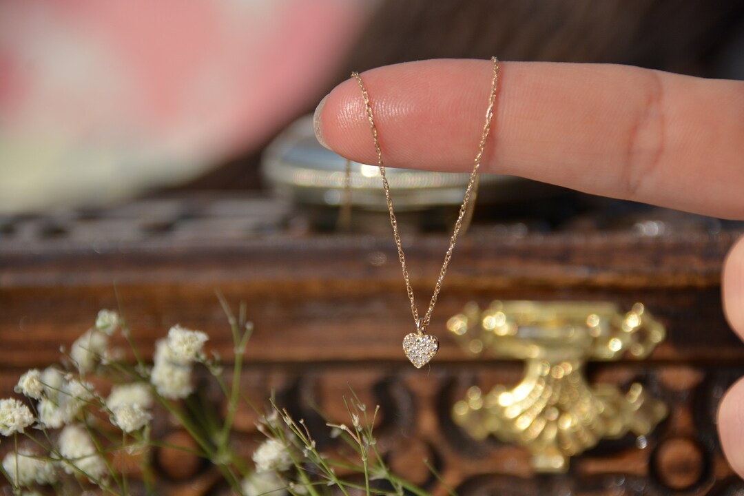 14k Gold Small Heart-shape Diamond Necklace, Mini Heart Diamond Pendant ...