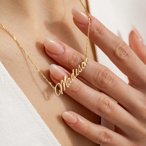 14K Solid Gold Name Necklace, Personalized Script Font, Nameplate ...