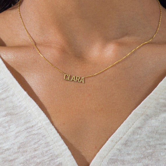 Gold block name necklace store