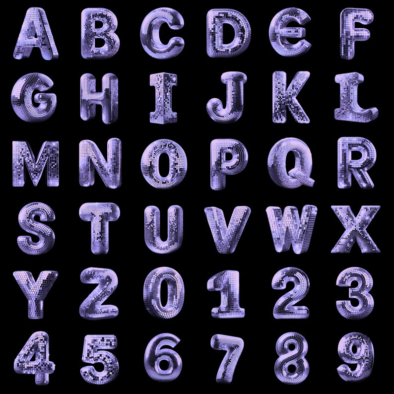 Disco Ball PNG Font: 3D Alphabet Colorful Purple Sparkly Clipart ...