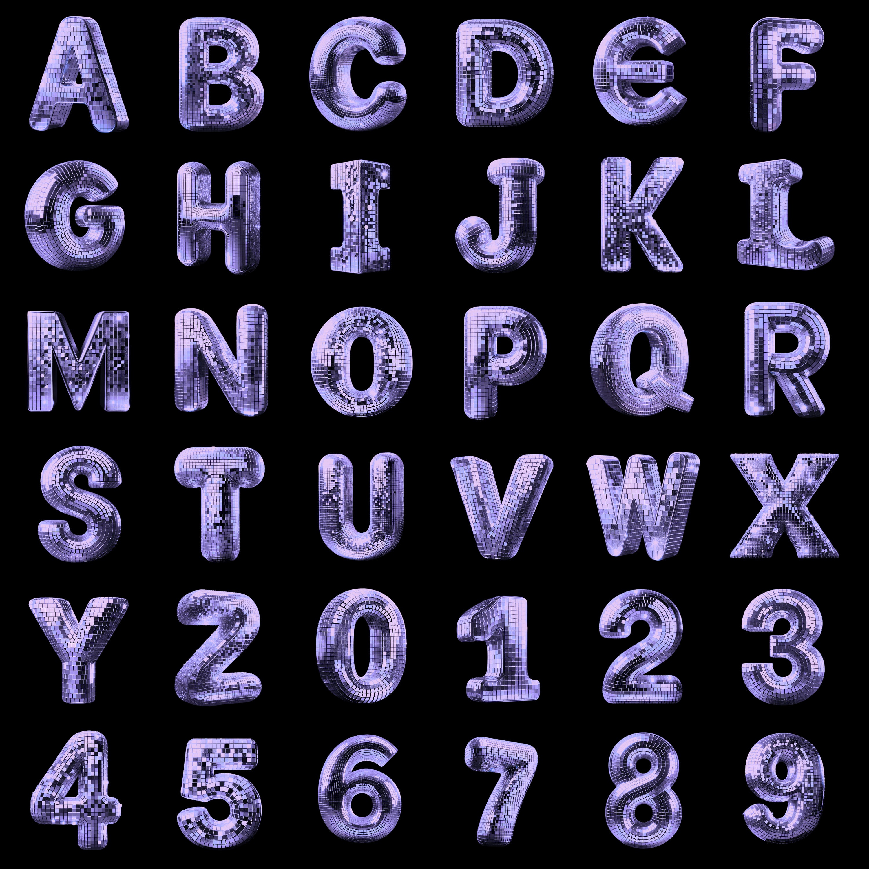 Disco Ball PNG Font: 3D Alphabet Colorful Purple Sparkly Clipart ...