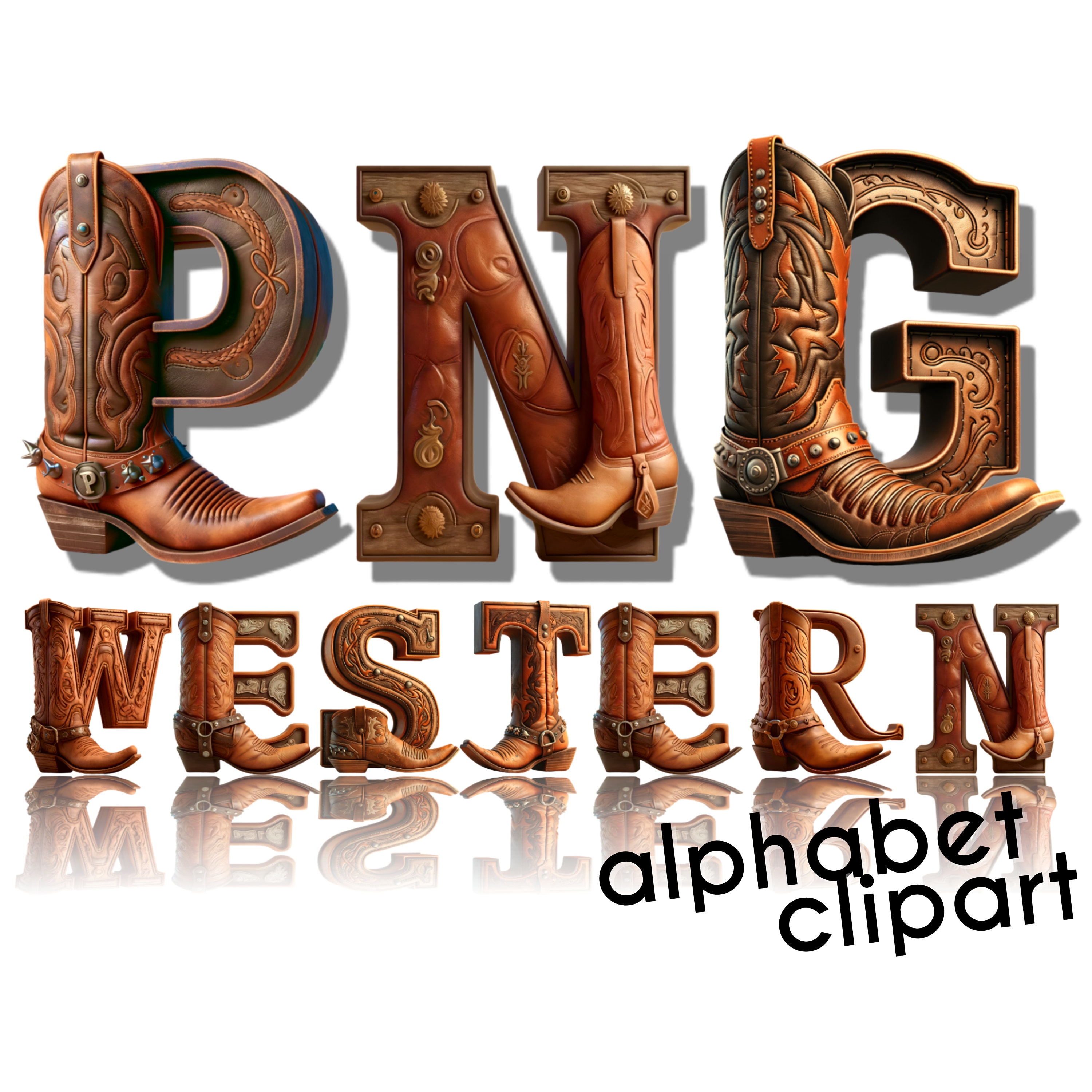 Western Font 3D PNG Letters, Cowboy Alphabet Set, Cowgirl Doodle Letter ...