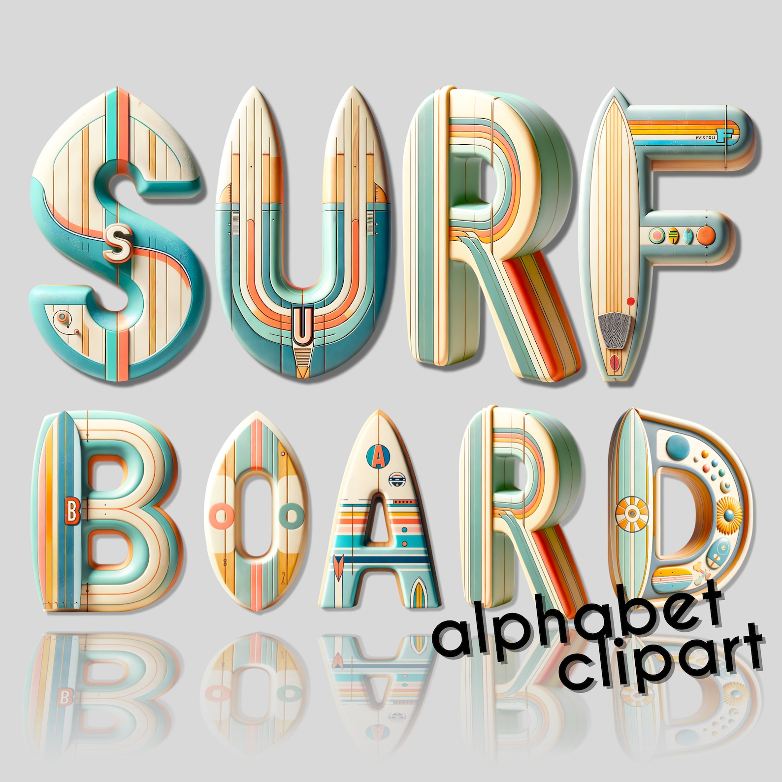 Surfboard Alphabet, 3D Font, Surfer Clipart, Doodle Letters ...