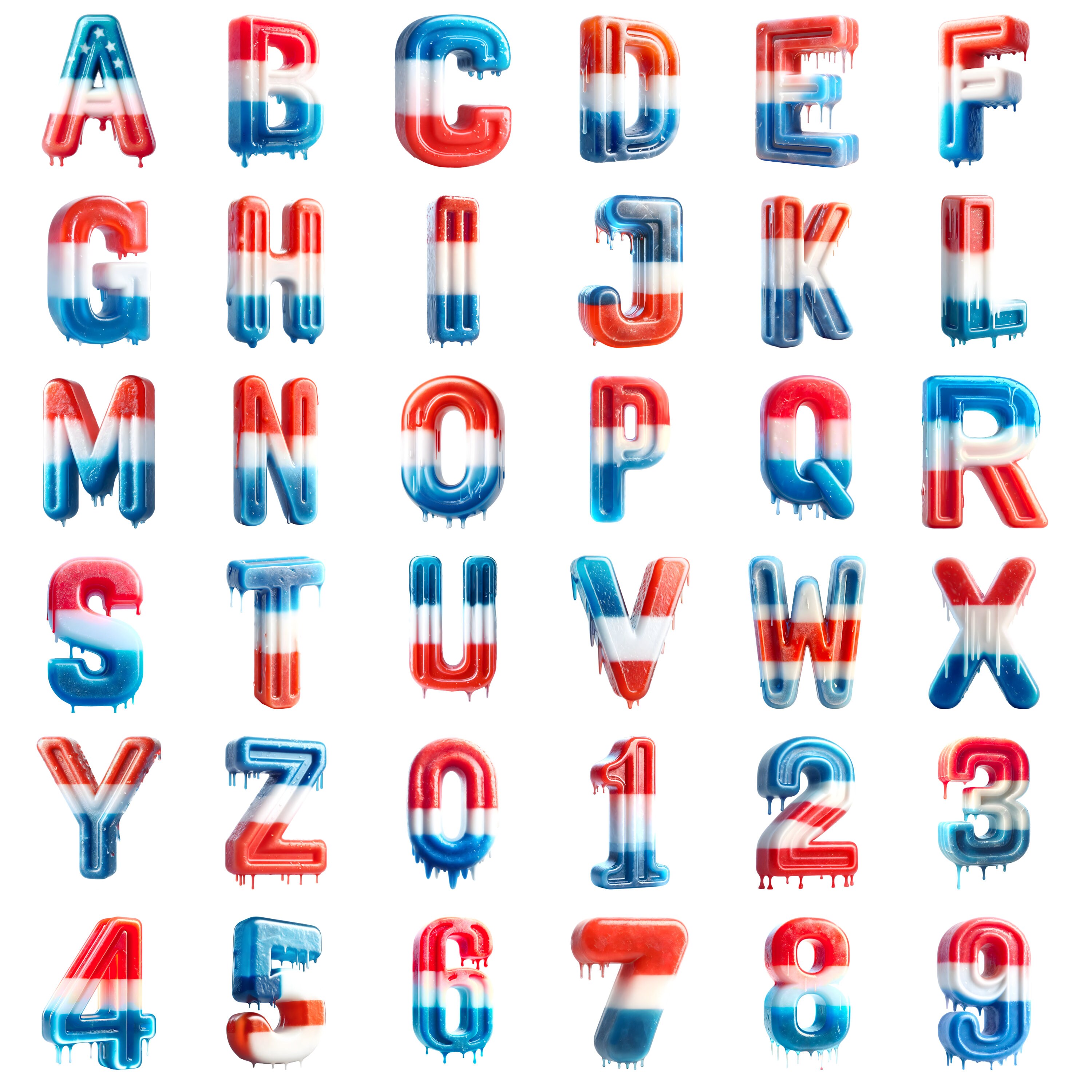 Summer Party Popsicle Font, Red White & Blue Alphabet Set, PNG Doodle ...
